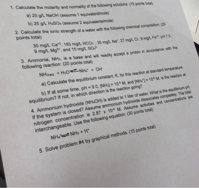 Solved 1. Calculate the molarity and normality of the | Chegg.com