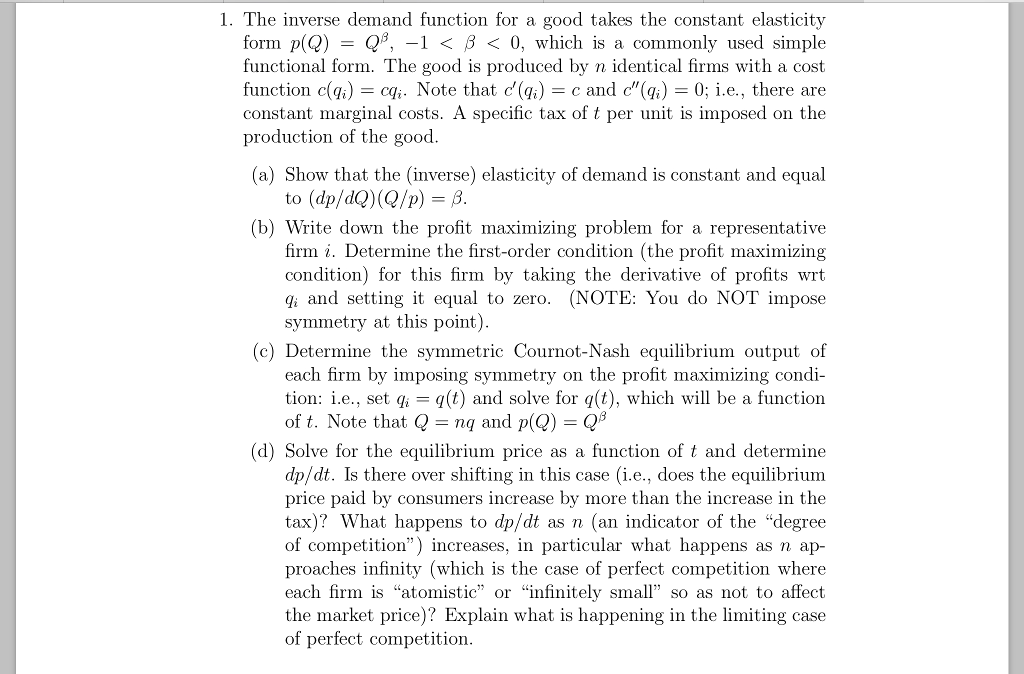 Solved 1. The inverse demand function for a good takes the | Chegg.com