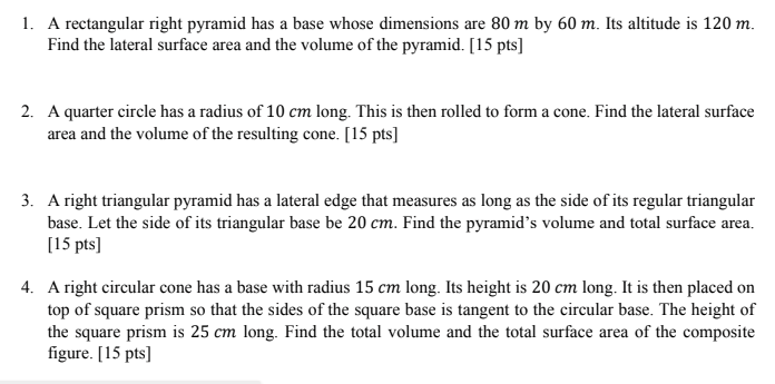 Solved 1. A rectangular right pyramid has a base whose | Chegg.com