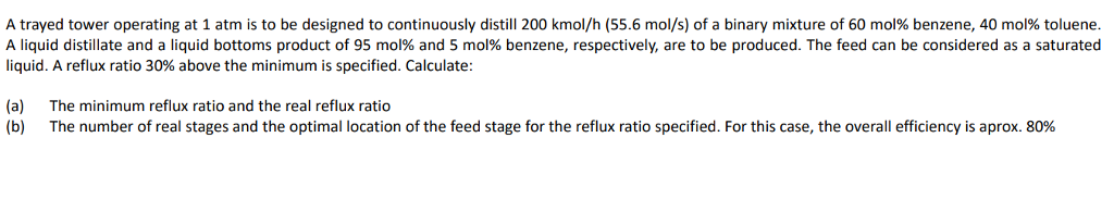 Solved A trayed tower operating at 1 atm is to be designed | Chegg.com