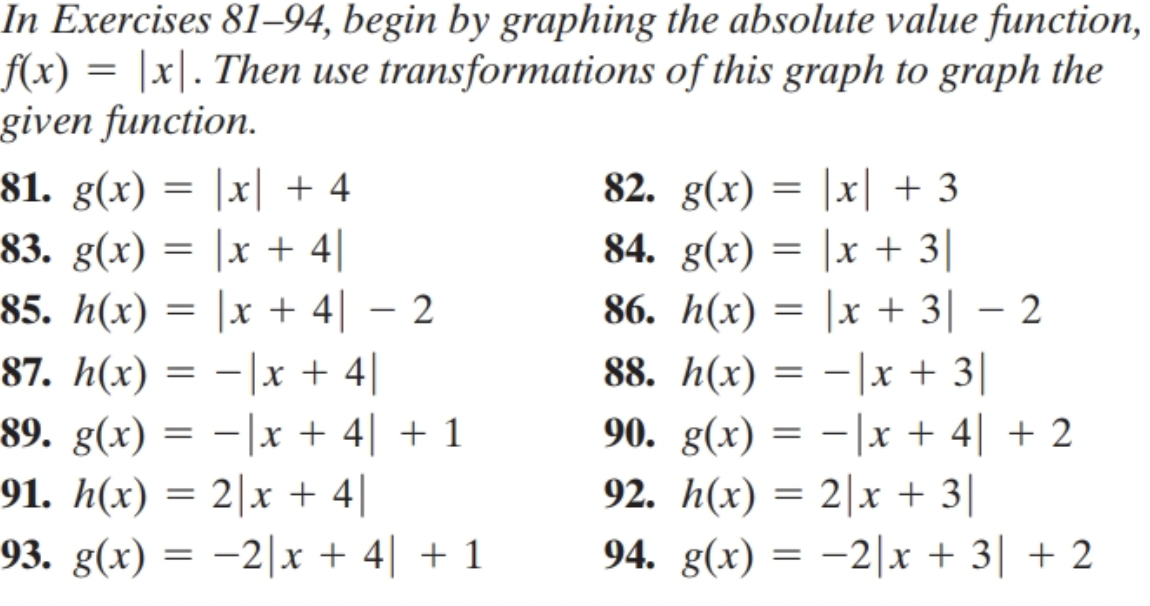 Solved == In Exercises 81-94, begin by graphing the absolute | Chegg.com