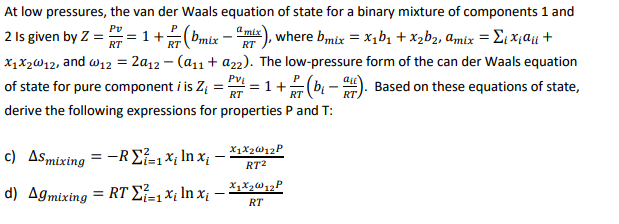 Pv = RT RT RT At low pressures, the van der Waals | Chegg.com