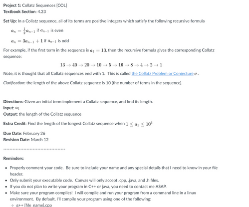 Solved Project 1: Collatz Sequences (COL] Textbook Section: | Chegg.com