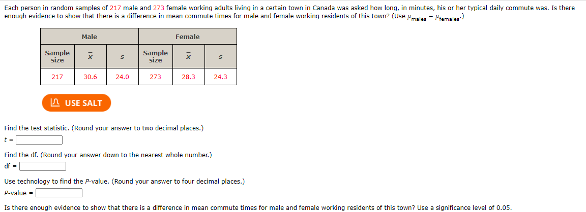 Solved Each person in random samples of 217 male and 273 | Chegg.com
