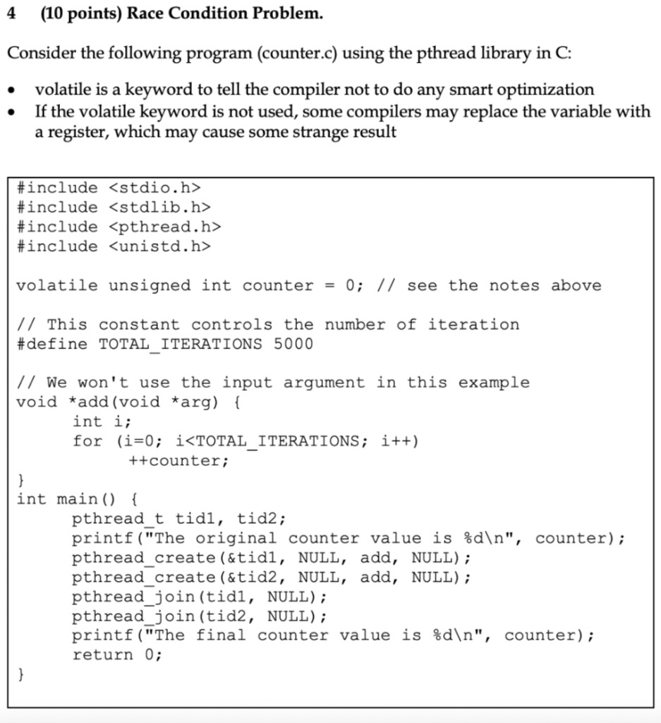 Solved 4 (10 points) Race Condition Problem. Consider the | Chegg.com