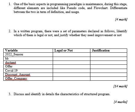 Solved 1. One of the basic aspects in programming paradigm | Chegg.com
