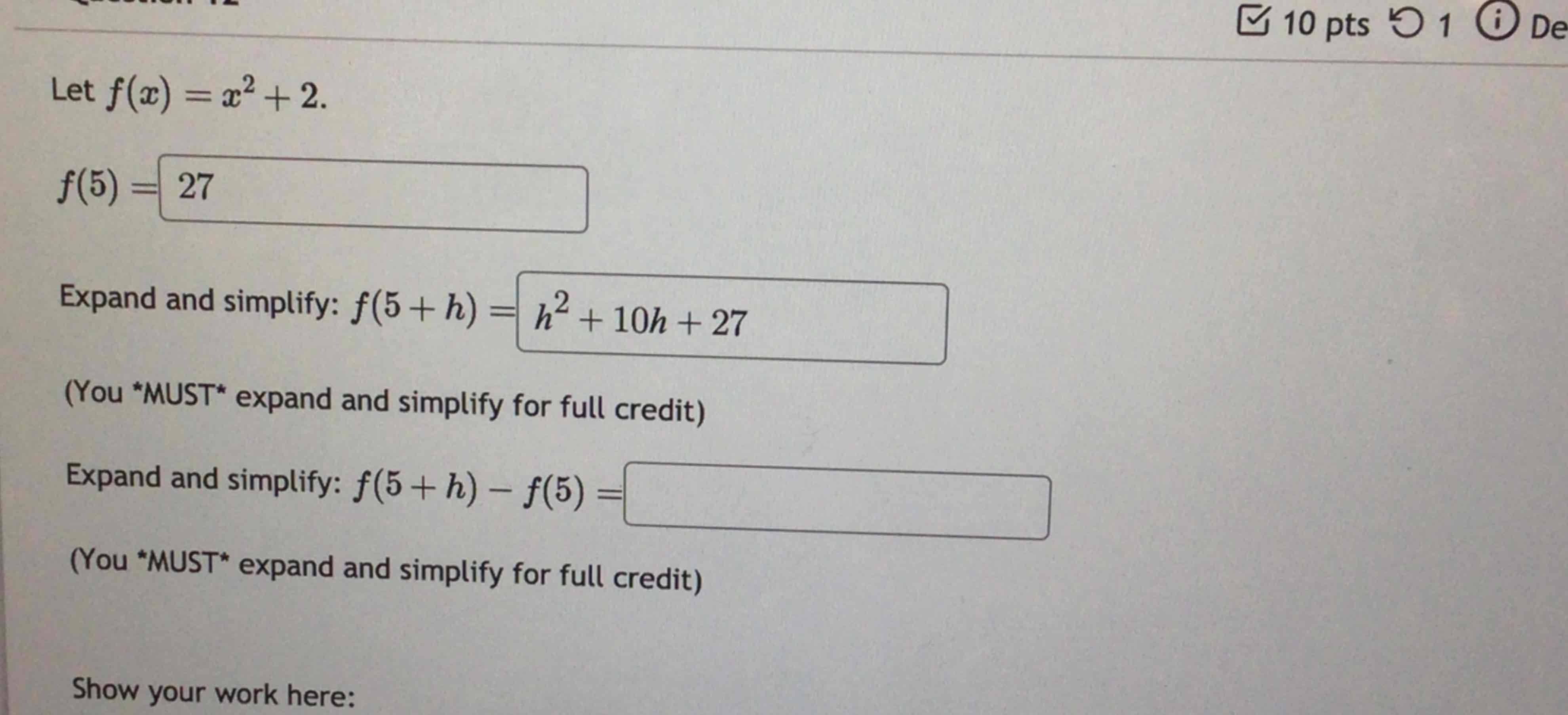 Solved Let F X X2 2 F 5 Expand And Simplify F 5 H You