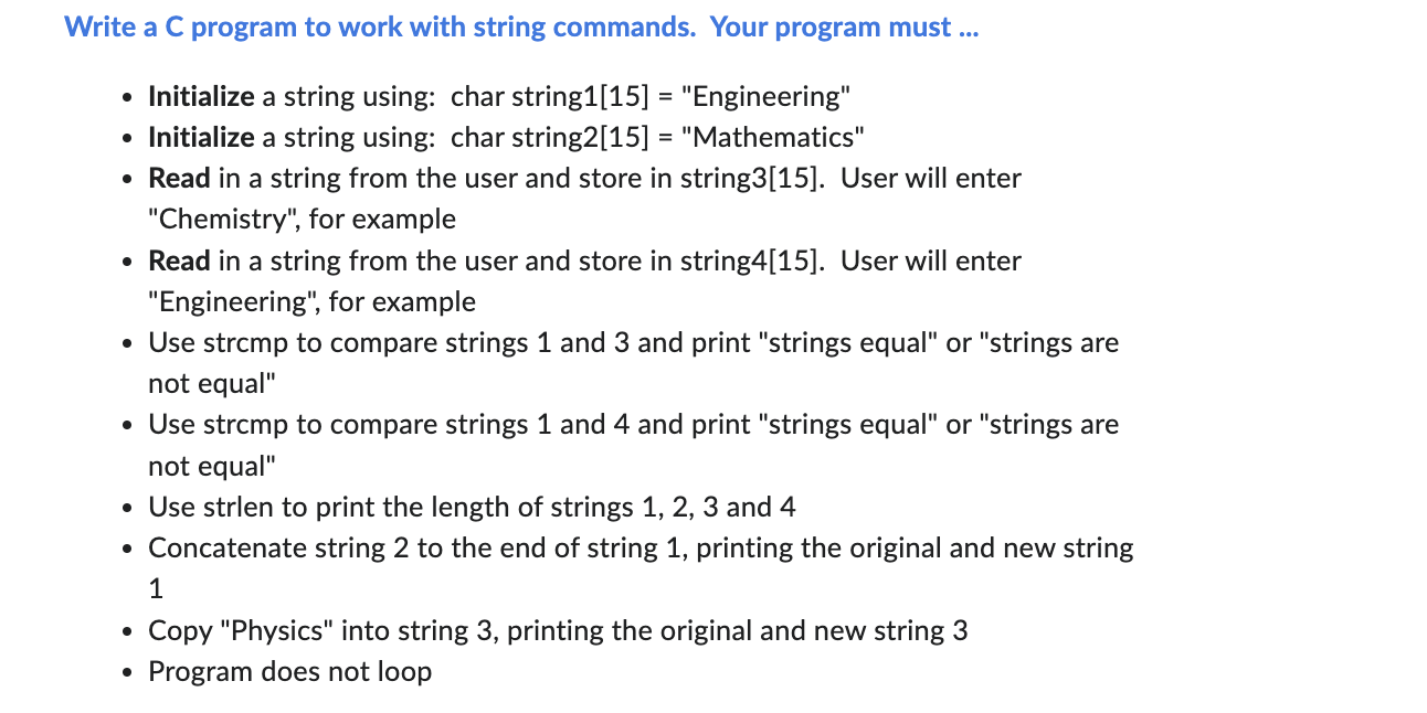 Solved Write a C program to work with string commands. Your | Chegg.com