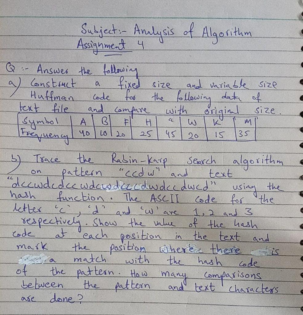 Solved subject: Analysis of Algorithm NOTE: Dear read my | Chegg.com