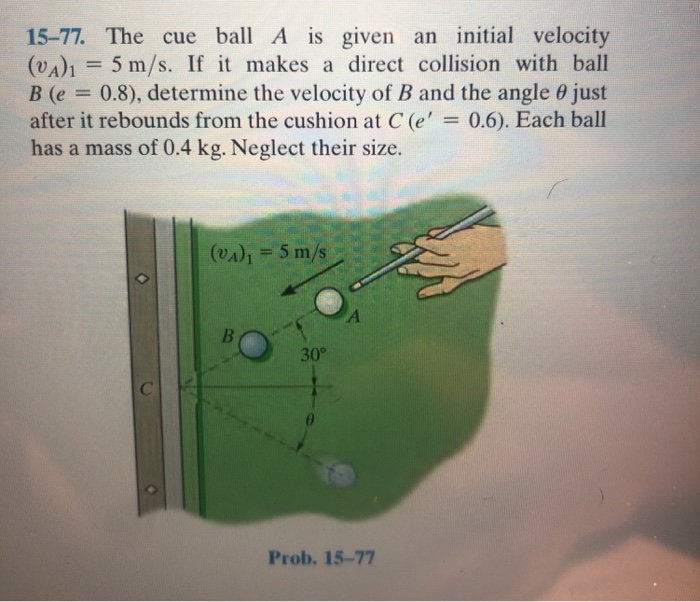 Solved 15-77. The cue bal A is given an initial velocity (v | Chegg.com