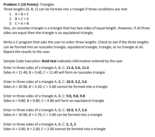 Solved Problem 1 (10 points): Triangles Three lengths (A, B, | Chegg.com