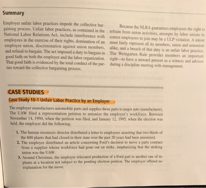Solved Summary Employer unfair labor practices impede the | Chegg.com
