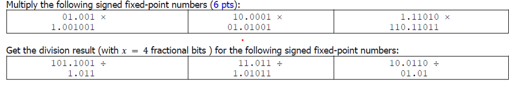 Solved Multiply the following signed fixed-p oint numbers (6 | Chegg.com
