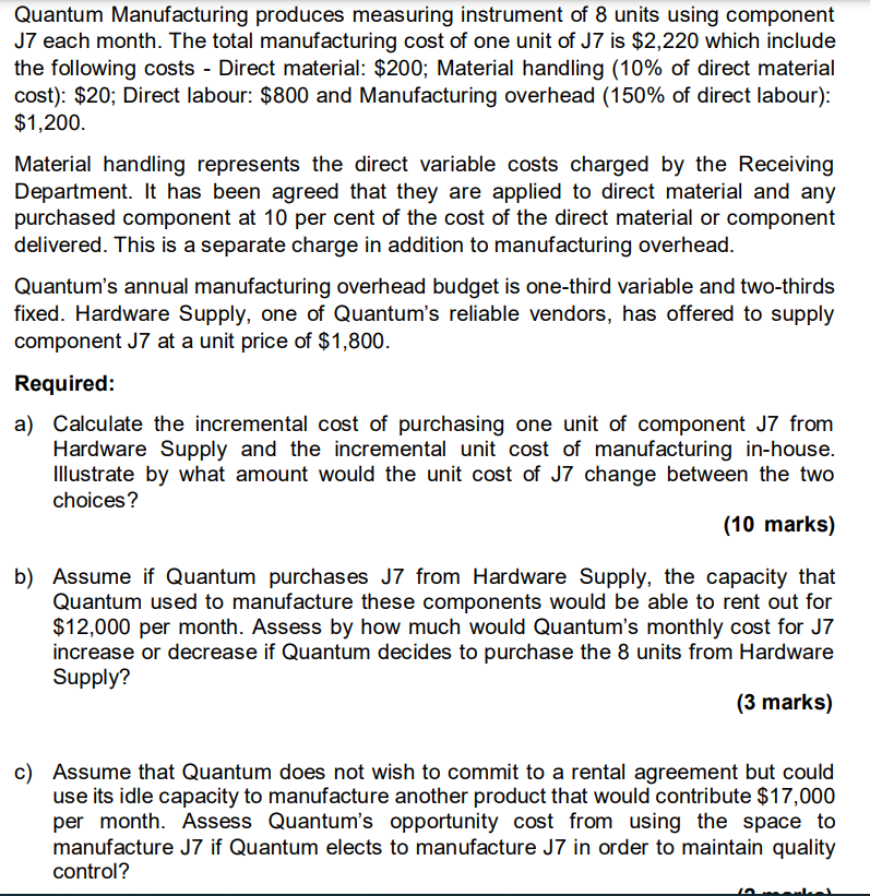 Solved Quantum Manufacturing produces measuring instrument | Chegg.com