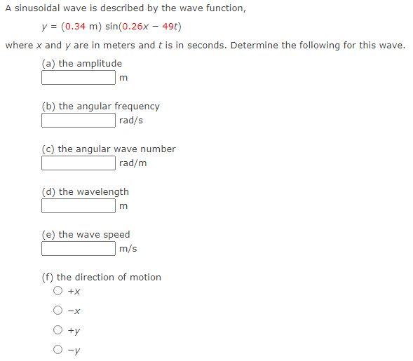 Solved A sinusoidal wave is described by the wave function, | Chegg.com