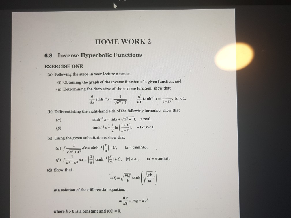 Solved HOME WORK 2 Inverse Hyperbolic Functions 6.8 EXERCISE | Chegg.com