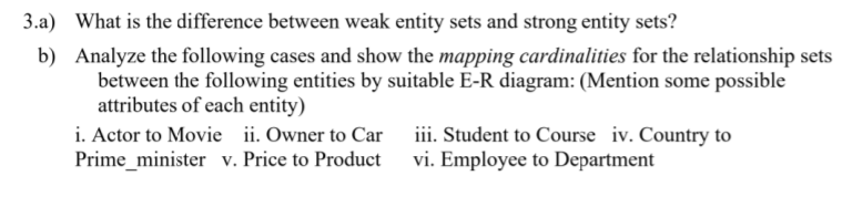 Solved 3.a) What is the difference between weak entity sets | Chegg.com