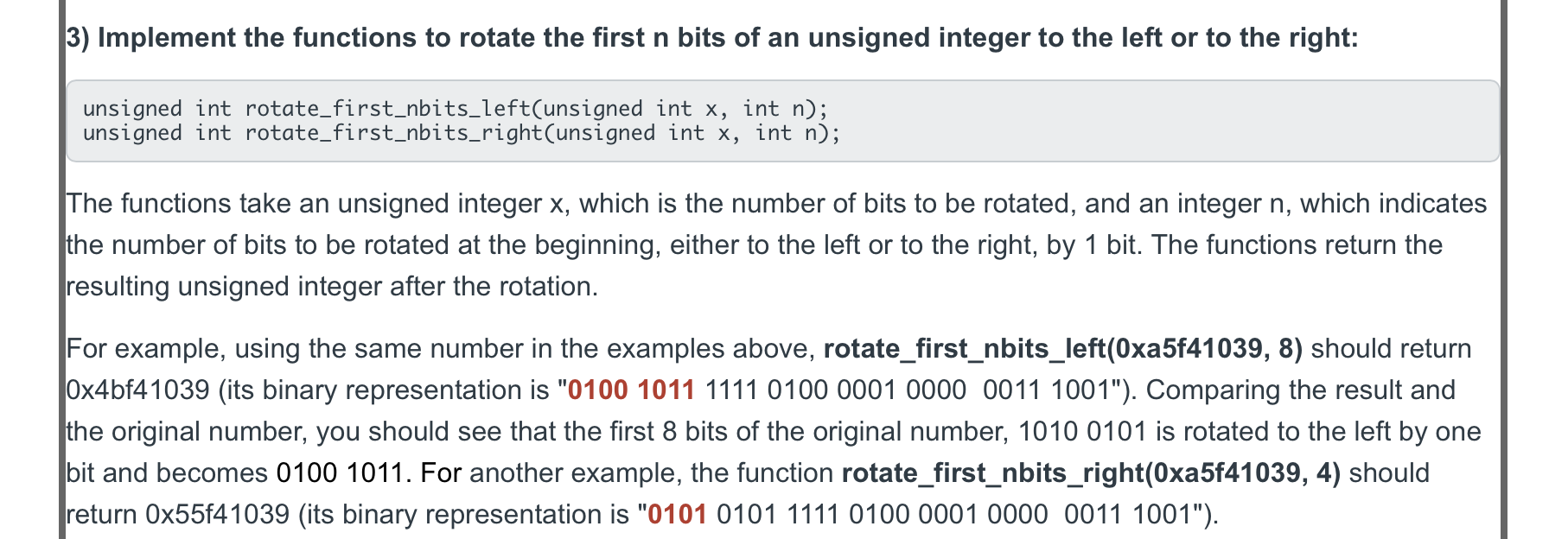 Solved 3) Implement the functions to rotate the first n bits | Chegg.com