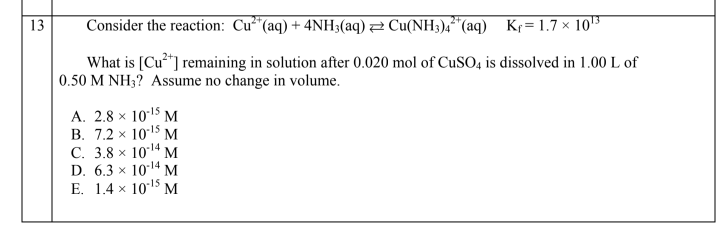 Consider the reaction: Cu (aq) +4NH3(aq) Cu(NH3)4 | Chegg.com