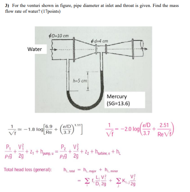 Solved 3) For the venturi shown in figure, pipe diameter at | Chegg.com