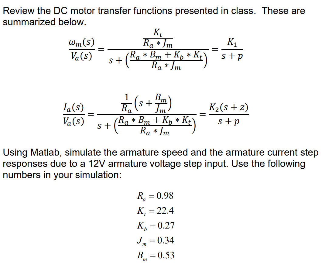 Solved Review the DC motor transfer functions presented in | Chegg.com