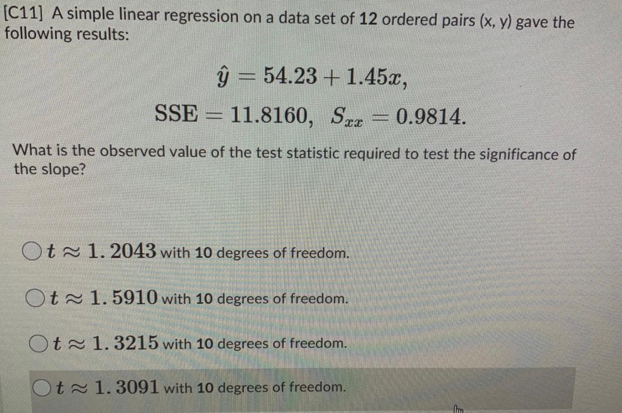 Solved (C11] A simple linear regression on a data set of 12 | Chegg.com