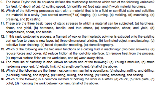 Solved 9. The basic Taylor tool life equation defines the | Chegg.com