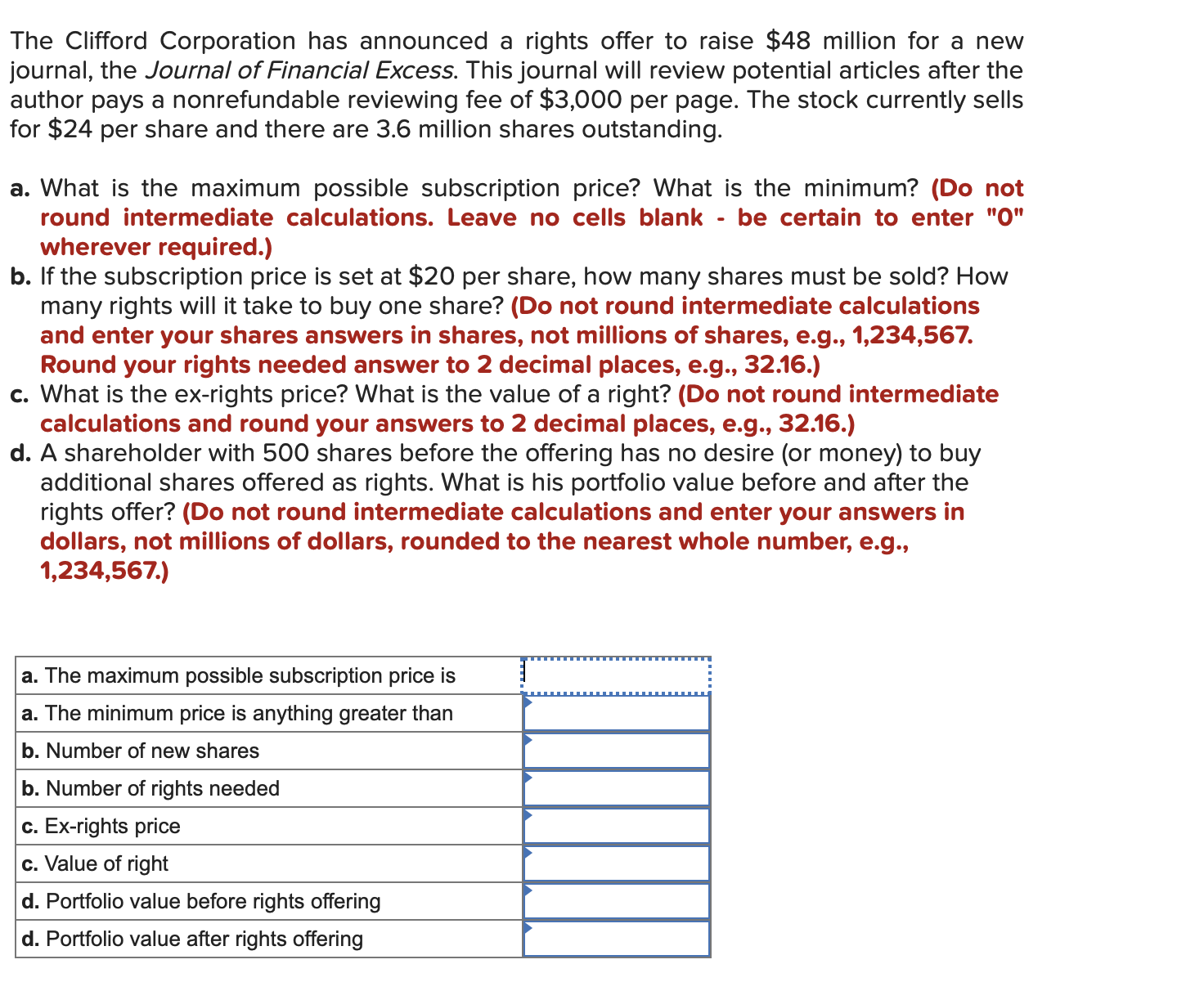 Solved The Clifford Corporation has announced a rights offer | Chegg.com