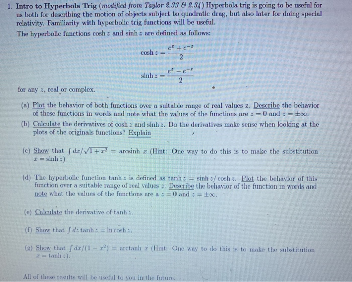 Solved 1. Intro to Hyperbola Trig (modified from Taylor 2.33 | Chegg.com
