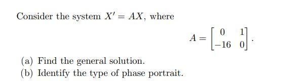 Solved Consider the system X′=AX, where A=[0−1610] (a) Find | Chegg.com