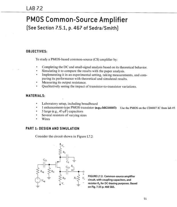 LAB 7.2 PMOS Common-Source Amplifier (See Section | Chegg.com