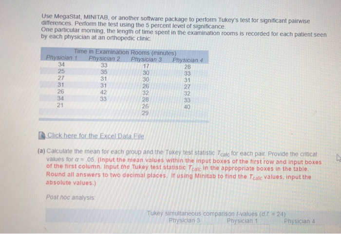 Solved Use Megastat, MINITAB, or another software package to | Chegg.com