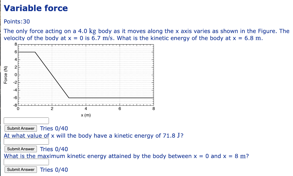 Variable force The only force acting on a 4.0 kg | Chegg.com