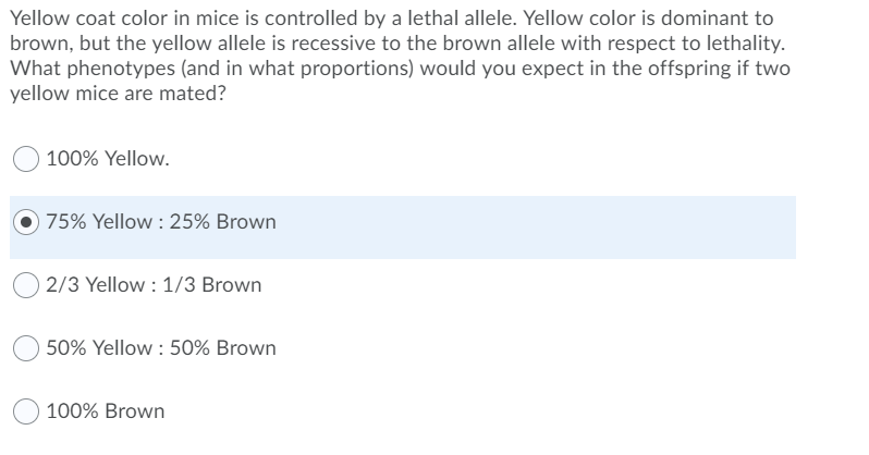 Solved Yellow coat color in mice is controlled by a lethal | Chegg.com