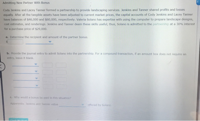 Solved Admitting New Partner With Bonus Cody Jenkins and | Chegg.com
