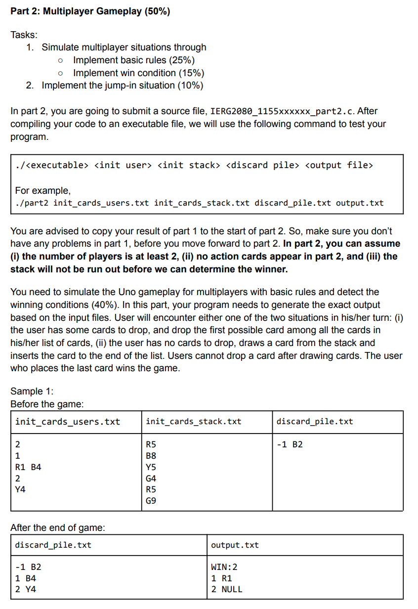 Part 2: Multiplayer Gameplay (50\%) Tasks: 1. | Chegg.com