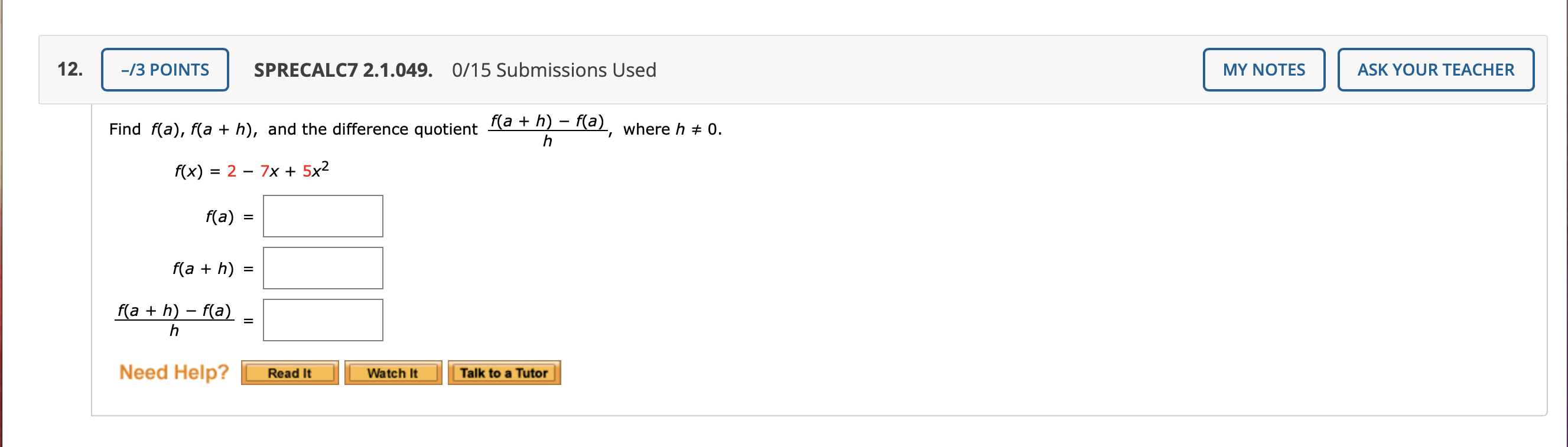 Solved 12. -/3 POINTS | SPRECALC7 2.1.049. 0/15 Submissions | Chegg.com