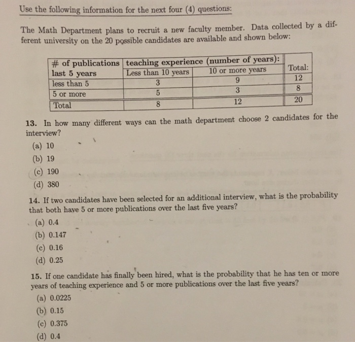 Solved Use the following information for the next four (4) | Chegg.com