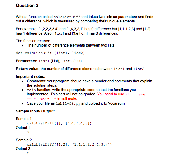 Solved Write a function called calcListDiff that takes | Chegg.com