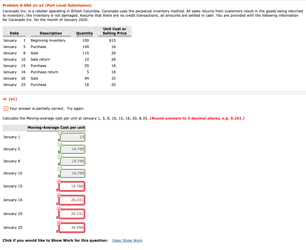 Solved Problem 6-08A a1-a2 (Part Level Submission) Coronado | Chegg.com