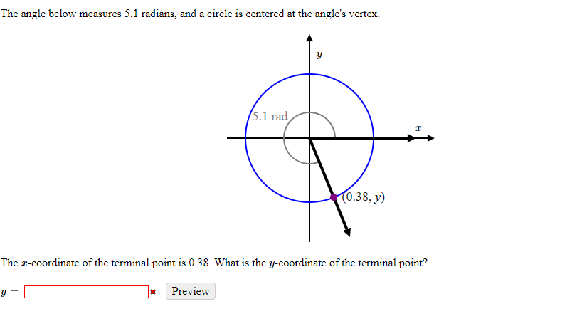 Solved The angle below measures 5.1 ﻿radians, and a circle | Chegg.com