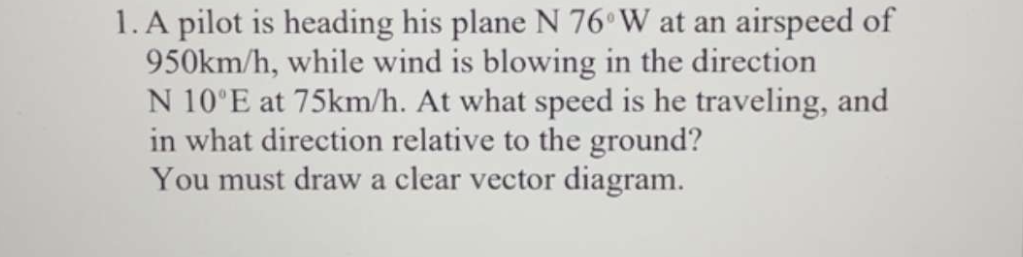 Solved 1. A pilot is heading his plane N76∘W at an airspeed | Chegg.com