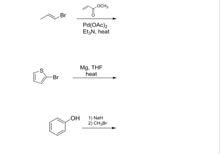Solved OCH3 Pd(OAc)2 Et3N, heat Mg, THF heat Br OH 1) NaH 2) | Chegg.com