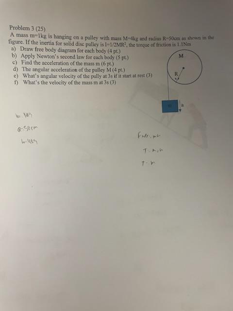 Solved Problem 3 (25) A mass m=1 kg is hanging on a pulley | Chegg.com