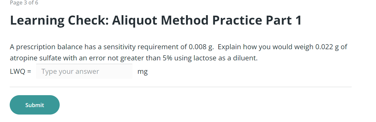 Solved Learning Check: Aliquot Method Practice Part 1 A | Chegg.com