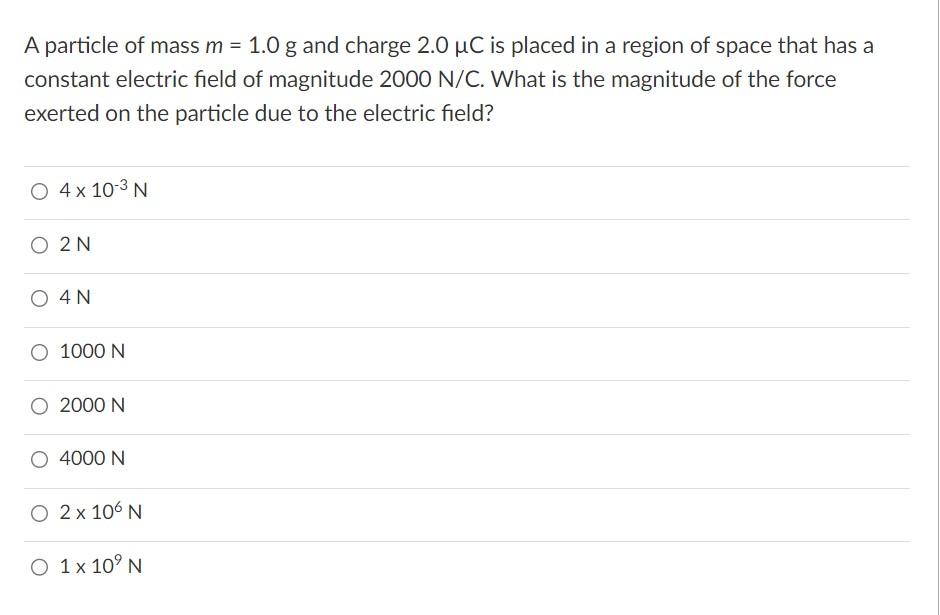 Solved A particle of mass m=1.0 g and charge 2.0μC is placed | Chegg.com