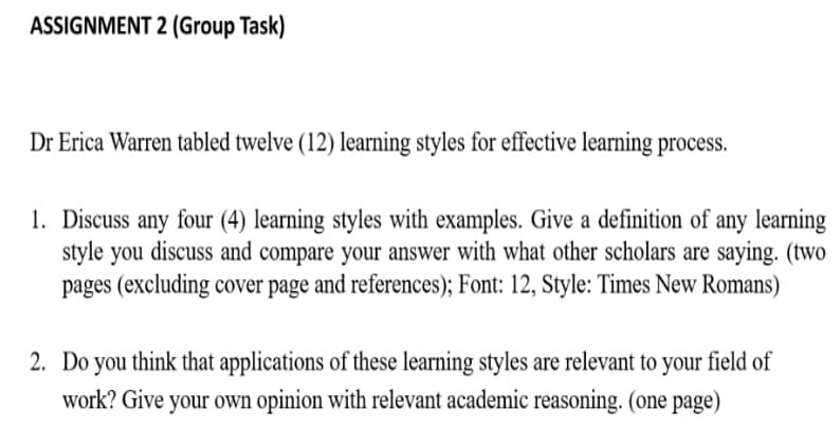 Solved ASSIGNMENT 2 (Group Task) Dr Erica Warren tabled | Chegg.com