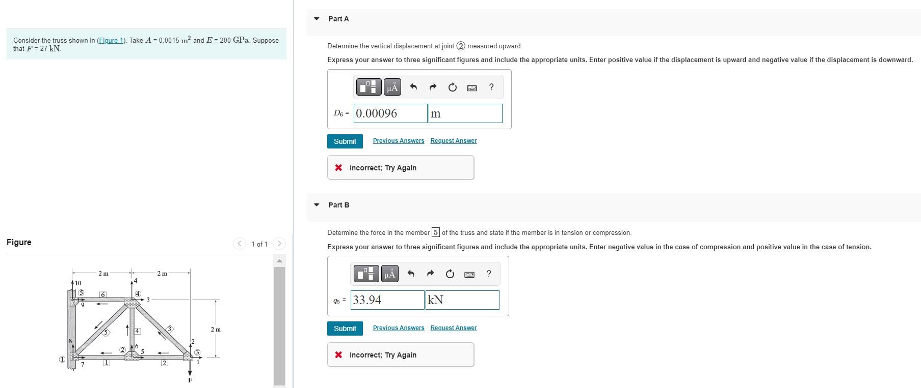 Solved Consider the truss shown in (Figure 1). Take A=0.0015 | Chegg.com