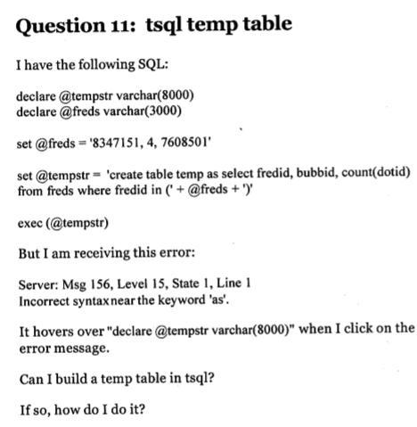 Solved Question 11: tsql temp table I have the following | Chegg.com