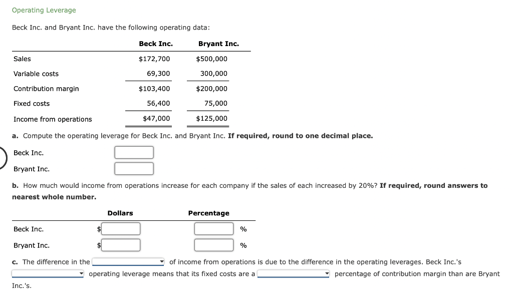 Solved Operating Leverage Beck Inc. and Bryant Inc. have the | Chegg.com